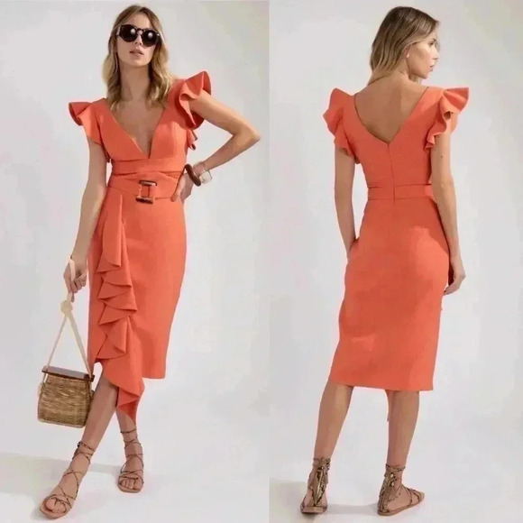 PatBO | Dresses | Nwt Pat Bo Belted Midi Dress Orange Coral Size Us ...